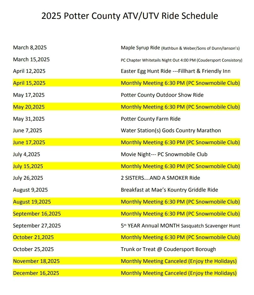 2025 Ride Schedule – Potter County ATV / UTV Club