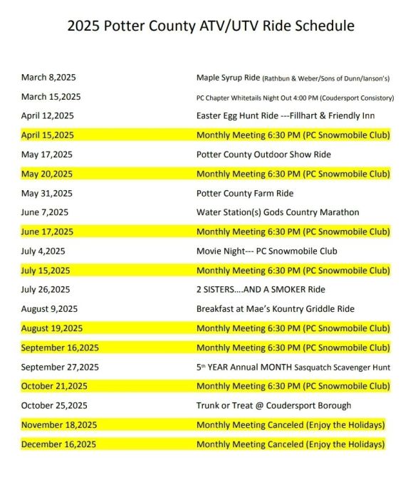 2025 Ride Schedule – Potter County ATV / UTV Club